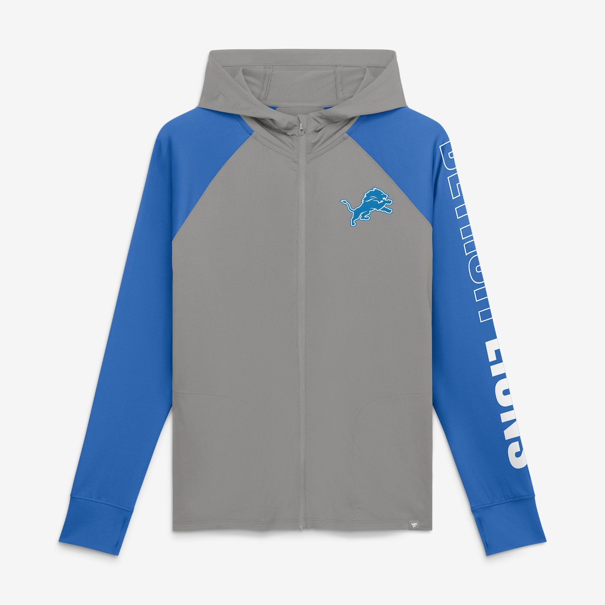 Add a versatile piece of Detroit Lions outerwear to your wardrobe with the Cornerback Blitz Raglan Full-Zip Hoodie from ...