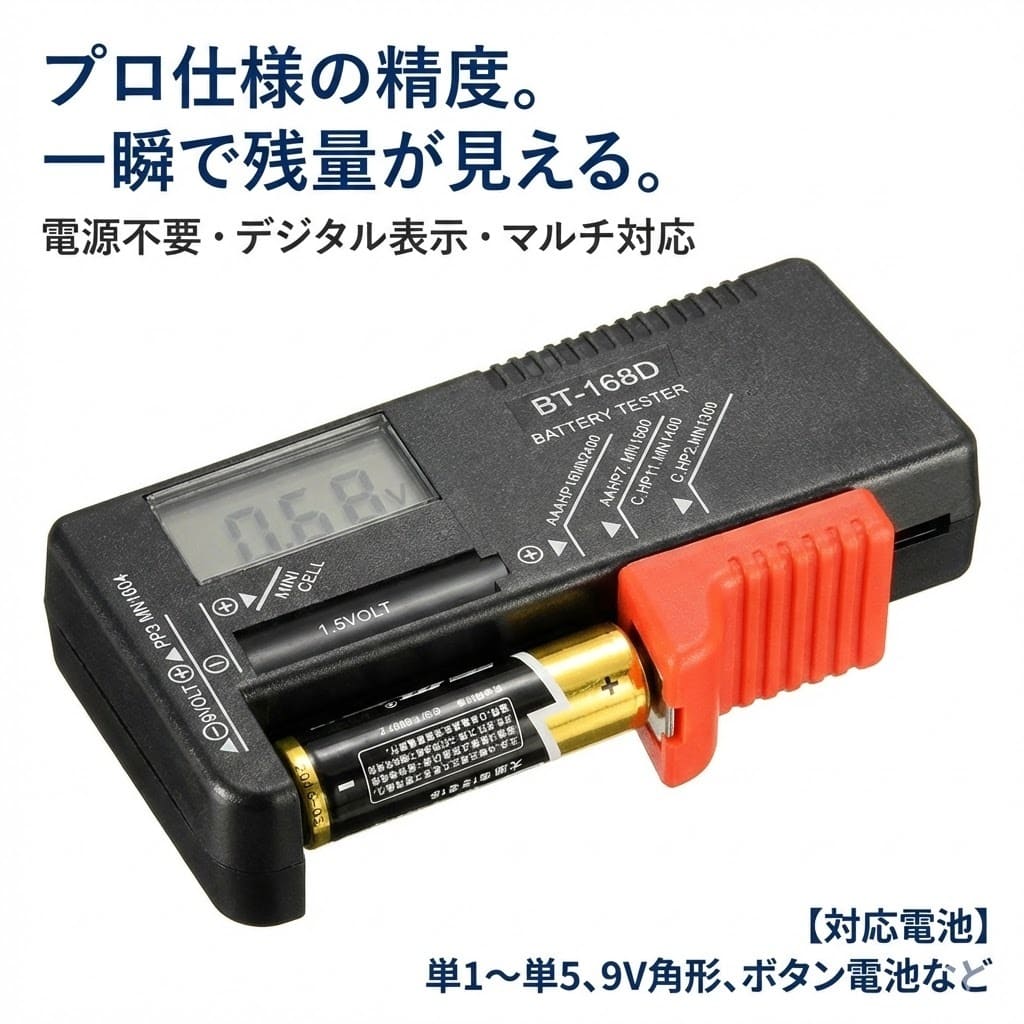 【 商 品 説 明 】 〇挟むだけ！簡単チェック デジタル表示で残量が確認しやすい電池残量チェッカーです。 どのくらい残っているかを正確に把握できて便利です。 〇様々な電池に対応 電源不要で色んな電池の残量を確認することができます。 コンパ...