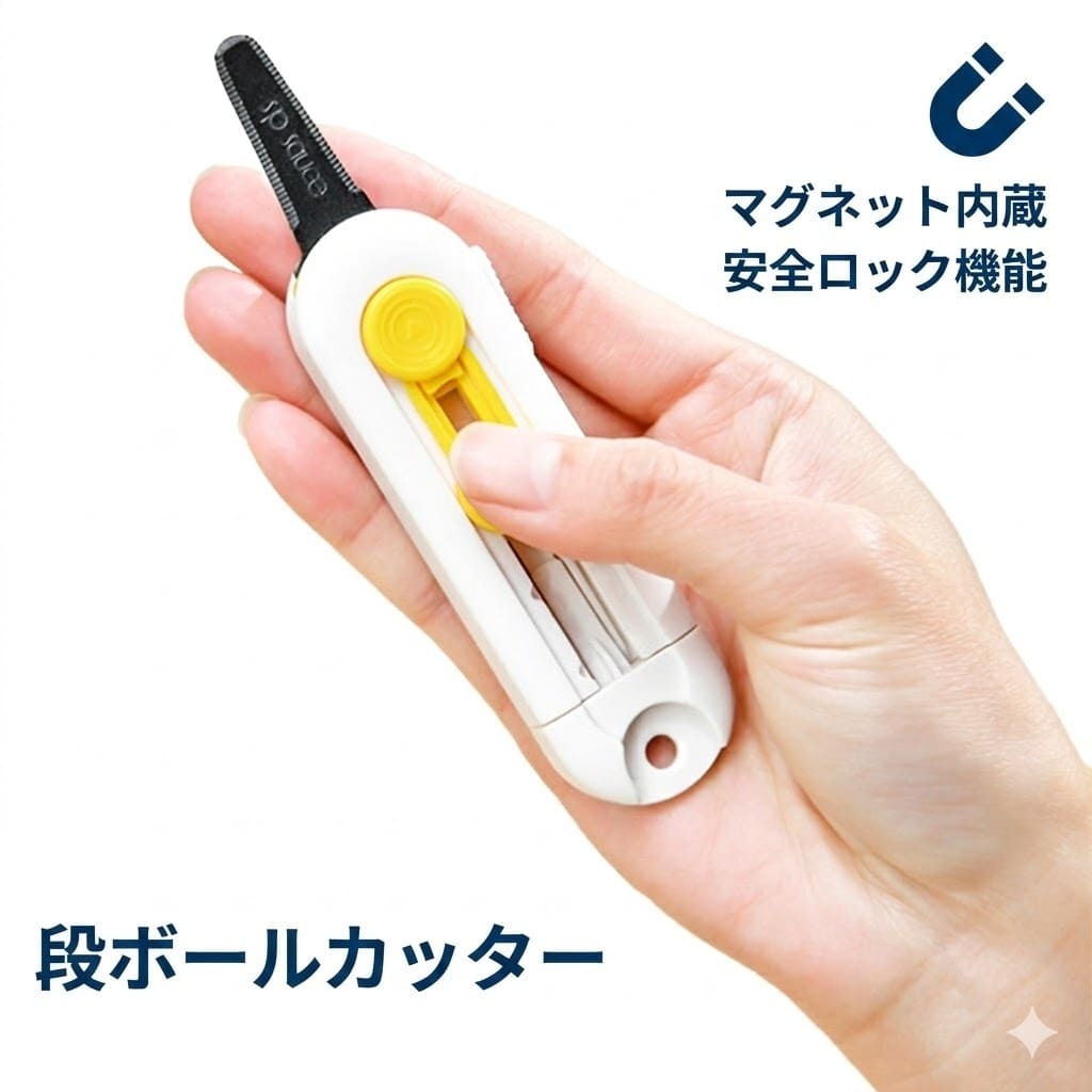 【商品説明】 効率よく、かつ安全に段ボールを解体できる段ボールカッターです。 短めの刃先が荷物を傷つけにくく、両側のギザギザの刃でスムーズに段ボールを開封。 さらに、マグネット内蔵で玄関や冷蔵庫などに貼り付けて保管でき、使いたい時にすぐ取り...