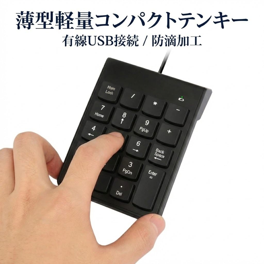 【 商 品 説 明 】 〇軽量でコンパクト USBコネクタを搭載したPCで使用できる有線テンキーです。 ノートパソコンと同じパンタグラフキーを採用しています。 キーの端を押しても快適に入力できます。 〇電池や複雑な設定が不要 長さ1.2mの...