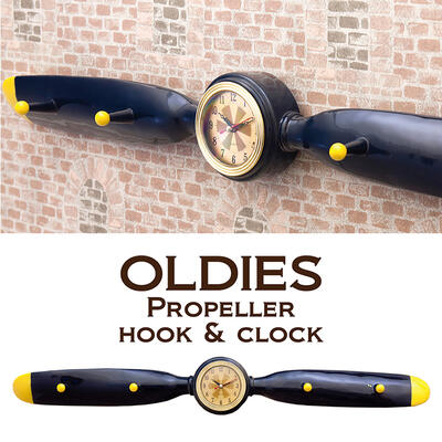 オールディーズ プロペラ（フック＆クロック）★ オールディーズ　プロペラモチーフのウォールクロックです。 プロペラの左右に2ヵ所づつフックが付いているので、時計をネジ固定すればハンガーもかけられますよ！ 実用性のあるインテリア。お部屋が映え...