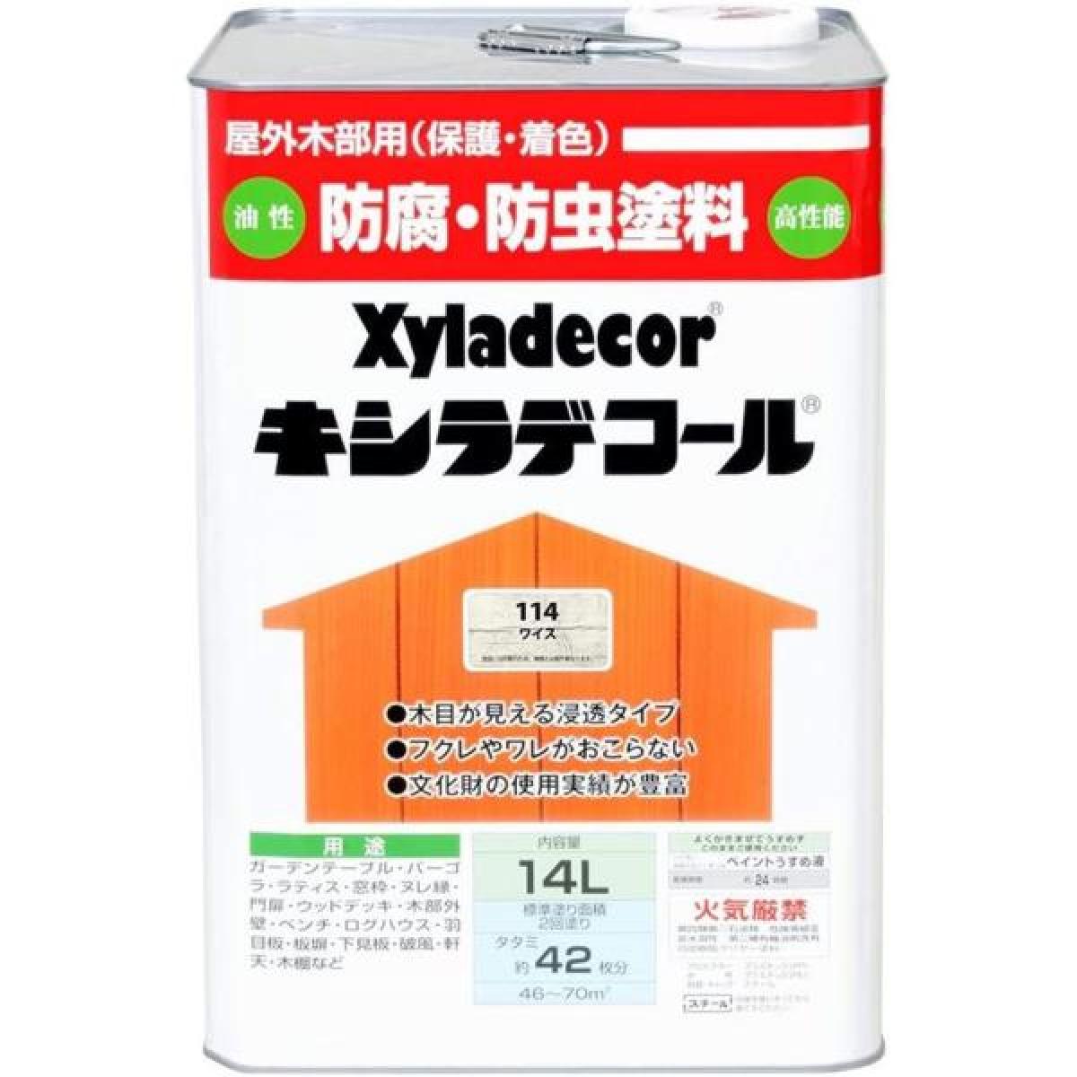【商品情報】 □大阪ガスケミカル キシラデコール #114ワイス 14L □木材保護塗料使用実績NO.1！初心者でも塗りやすい！ ・日光や風雨に強い耐候性顔料の効果で鮮明な色が長持ち、長期間木材を保護します。 ・木材に浸透し、表面に余分な塗...