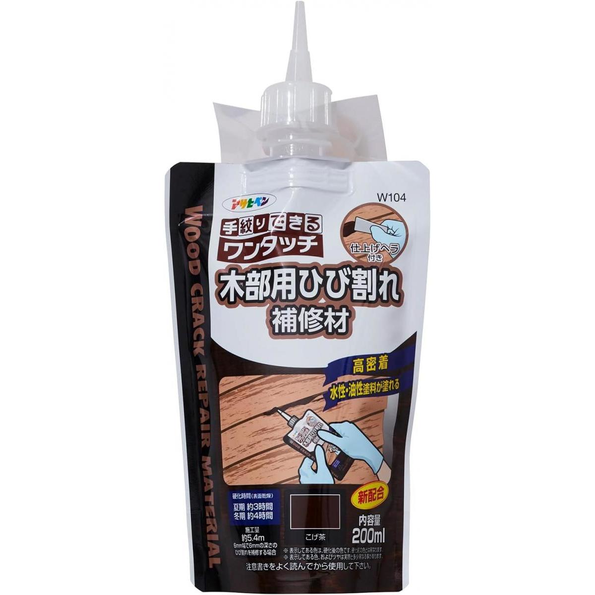 手絞りできるワンタッチ式！ 仕上げヘラ付き 高密着　水性・油性塗料が塗れる ●パウチ容器なので、補修箇所に直接手で中身を押し出して使えます。 ●密着力が強く、耐久性に優れた木部用補修材です。 ●耐候性に優れ、雨水の浸入から住まいを守ります。...