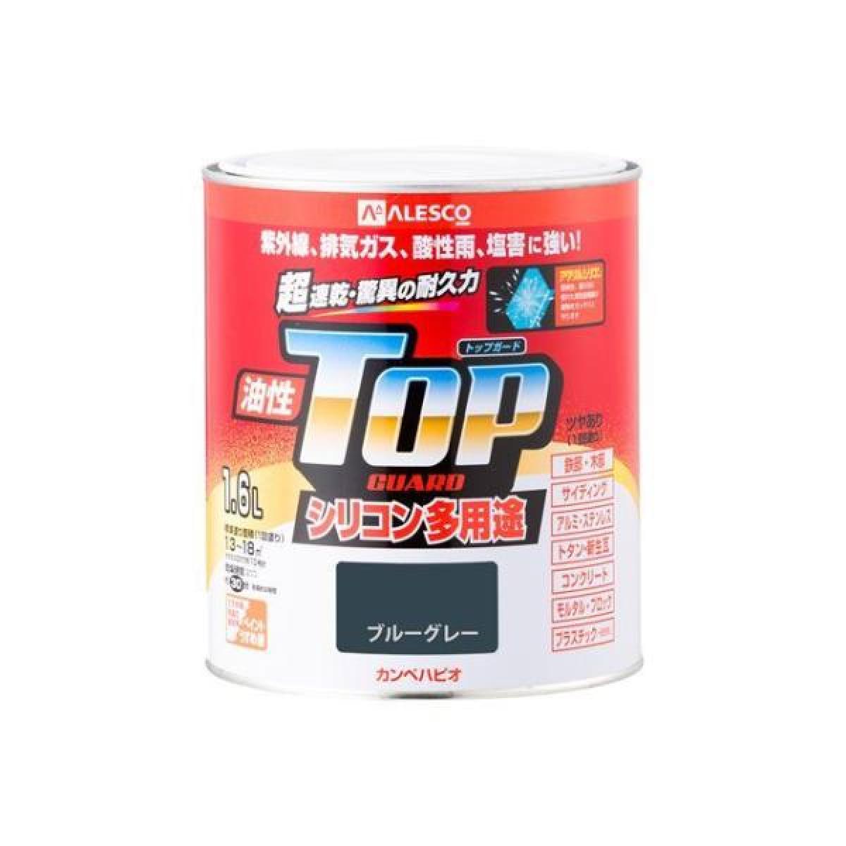 カンペハピオ シリコン樹脂配合多用途塗料 油性トップガード 特長 ●アクリルシリコン樹脂により紫外線、排気ガス、酸性雨、塩害の汚れに強い強靭な塗膜を形成。 ●アクリルシリコン樹脂をベースに光安定剤、高級顔料を使用することにより、優れた光沢保...