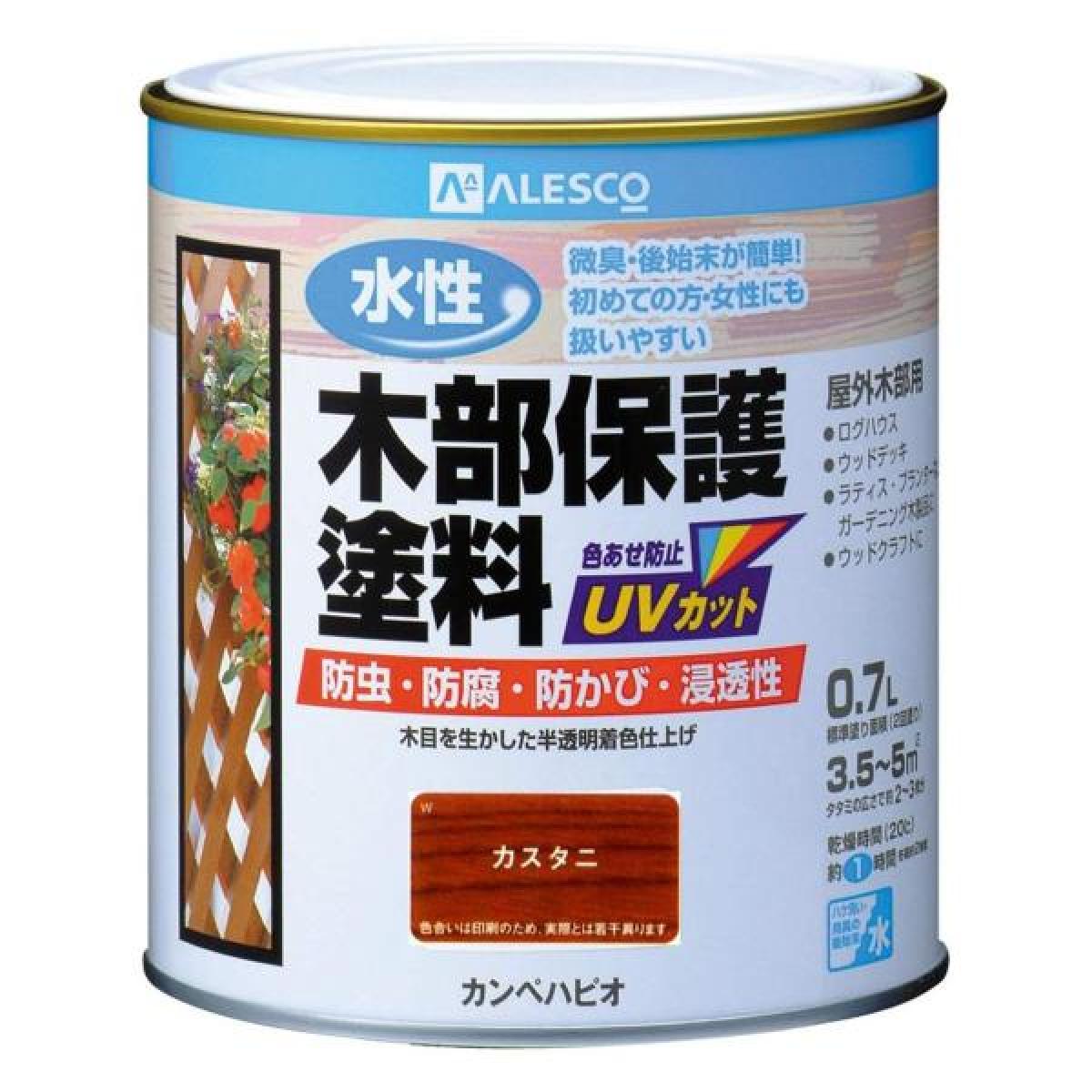 【商品情報】 □カンペハピオ 水性木部保護塗料 0.7L カスタニ □屋外の木部専用塗料 □臭いが少なく、取り扱いが簡単な水性タイプ □優れた木材防腐、防かび、防虫、防藻効果を発揮 【用途】 □塗れるもの：ガーデニング / 木製品 □塗れな...