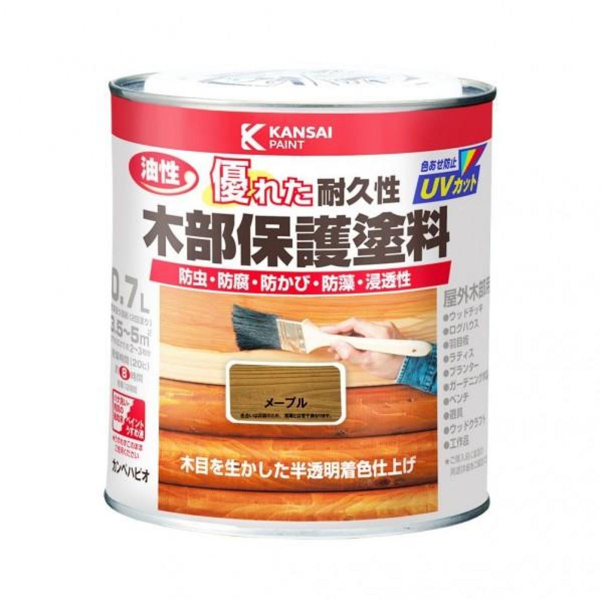 【商品情報】 □カンペハピオ 油性木部保護塗料 0.7L メープル □木部に浸透して木目を生かす屋外未塗装木部専用塗料 □優れた木材防虫、防腐、防かび、防藻効果を発揮 □木材に浸透し、木目を生かした半透明着色仕上げ 【用途】 □塗れるもの：...
