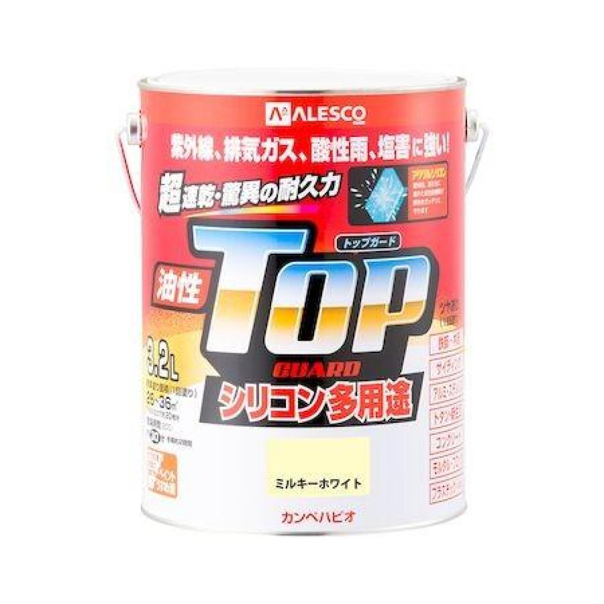 カンペハピオ シリコン樹脂配合多用途塗料 油性トップガード 特長 ●アクリルシリコン樹脂により紫外線、排気ガス、酸性雨、塩害の汚れに強い強靭な塗膜を形成。 ●アクリルシリコン樹脂をベースに光安定剤、高級顔料を使用することにより、優れた光沢保...