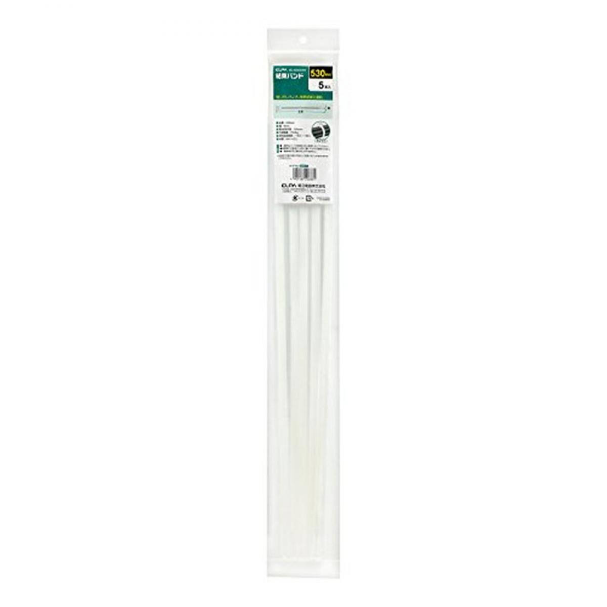 ■全長：530mm■幅：9mm■最大結束内径：140mm■引張強度：79.4kg■使用温度範囲：-40度~+85度■材質：66ナイロン■5本入■カラー：ホワイト※商品の仕様・パッケージや原産国・原産地などは、メーカーの都合により予告なく変更...