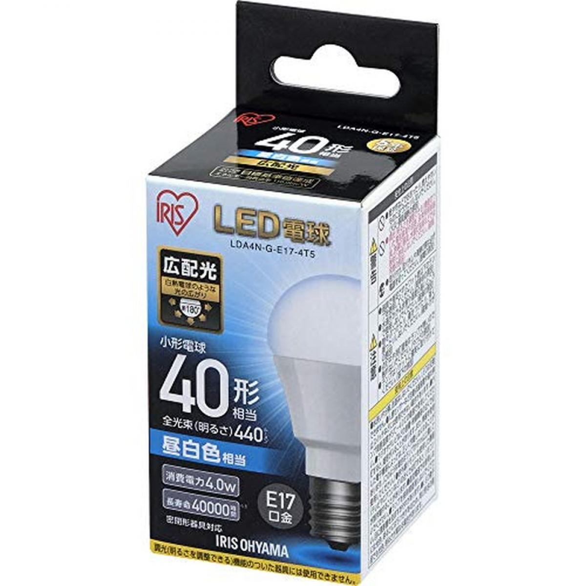 ●メーカー：アイリスオーヤマ●型番：LDA4N-G-E17-4T5●商品名：LED電球●屋内用●広配光タイプ●明るさ：40W形相当●電源：100V 50/60Hz●光色：昼白色●配光角度(度)：180●定格消費電力(W)：4.0●定格入力電...