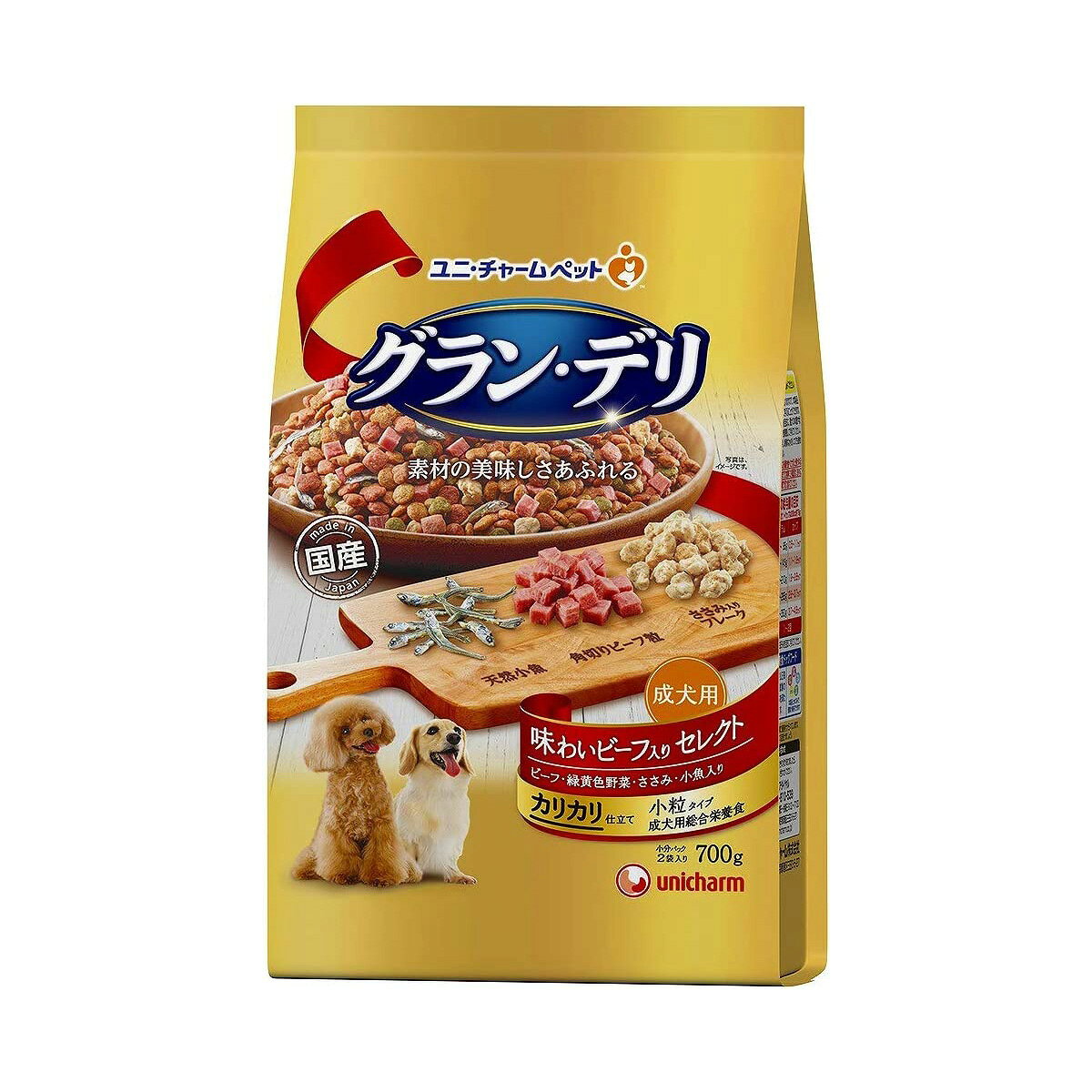 素材の美味しさあふれる、国産総合栄養食 ・グルメなわんちゃんにぴったりな美味しいドライフード・カリッと食感を楽しめる美味しいささみ入り粒たっぷり・カルシウムたっぷりの厳選された国産小魚入り・生肉入りの角切りビーフ粒入り・ささみ入りの大豆フレ...