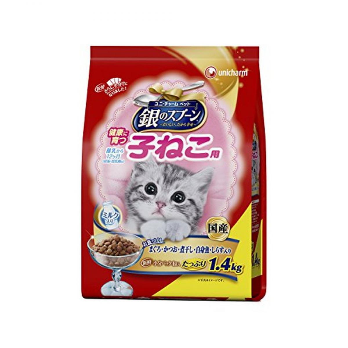 サイズ:1.4kg 12ヶ月までの子猫に適した栄養バランス。贅沢なお魚のうまみたっぷりのかつおぶし仕立て。1粒1粒に素材のおいしさをギュッと閉じ込め、上質なかつおぶしで仕上げたグルメフード。筋肉の発育を考えて、高タンパク設計（銀のスプーン全...