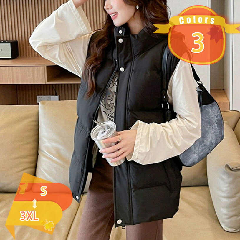 表地：ポリエステルメイン素材：ポリエステル☆中綿入りで暖かく、着回し力よいだから秋冬に欠かせないアイテムです。春、秋、冬の定番品レディースのベストになります。☆フロントはスナップボタン付きの前開きベストになっています。ノースリーブなので動き...