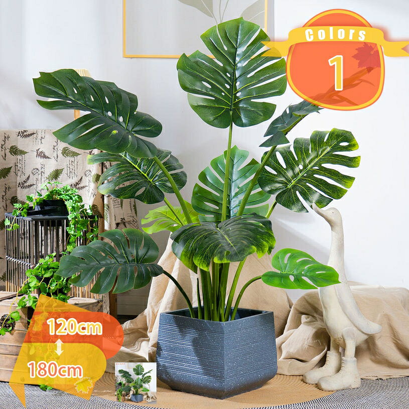 メイン素材：プラスチック【梱包内容】人工観葉植物 ＋ 黒いプラスチック製ポット 。 ※写真の鉢カバーは撮影用ですので含まれておりません。【リアルな外観】大きめでリアルなモネストラ・デリコサ風の葉が付属しており、本物の植物を模倣して、生き生き...