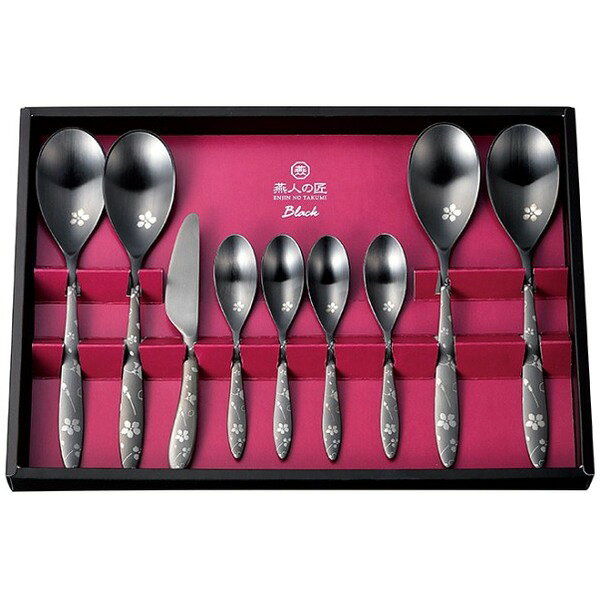 漆黒の中に桜の花びらが舞うカトラリー 桜吟・カトラリー9pcs ECTB-1501 【特長】 ● 伝統の技と美の調和。漆黒の中に幻想的な桜の花びらが舞う、個性際立つ桜吟カトラリーです。 ● 医療用具などにも採用される先進の黒色酸化皮膜加工を...