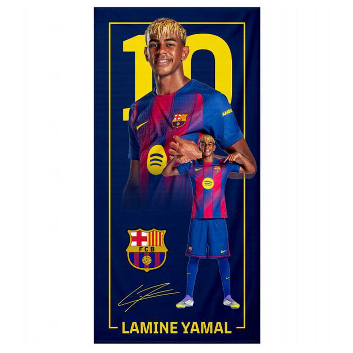 FCバルセロナの大判タオル。 新時代のバルサを象徴するNo.10 ラミン・ヤマルの全身フォトプリント入りデザイン。 クラブエンブレム、さらにはプリントサインも入るファンにはたまらないアイテム。 柔らかく手触りの良い100%マイクロファイバー...