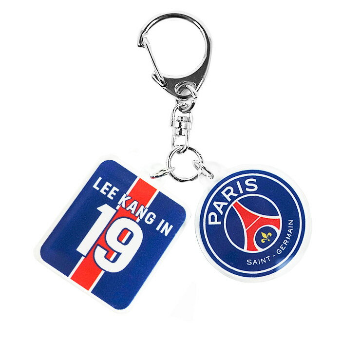 パリ・サンジェルマンのアクリルキーホルダー。 ユニフォームライクなデザインとエンブレムの2連チャーム。 19 イ・ガンインのデザイン。 ※国内ライセンス商品 ■サイズ：4.0×4.0cm（ネーム＆ナンバー部）/3.0×3.0cm（エンブレム...