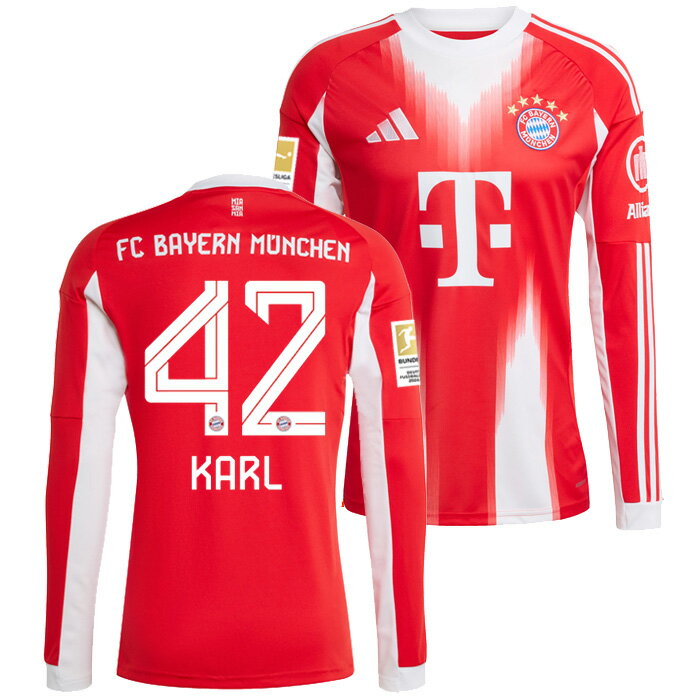バイエルン・ミュンヘン 2025-26 シーズン ホーム ユニフォーム。 前面にミュンヘンを表す「M」の文字が組み込まれたデザイン。 ドイツ代表 レナート・カール のオフィシャルネーム＆ナンバー、ブンデスリーガチャンピオンパッチ付き。 ■商...