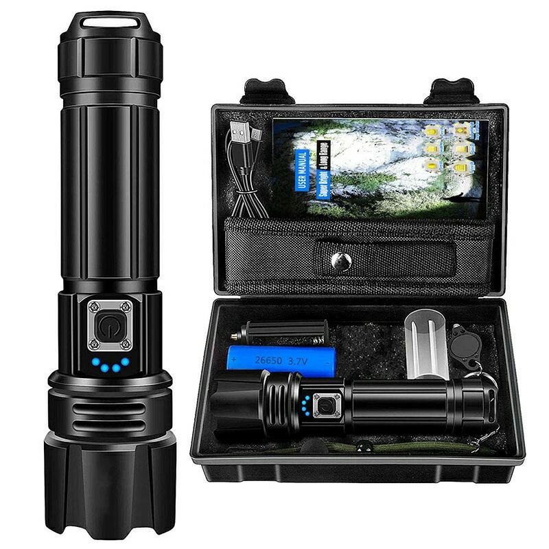 商品詳細【XHP70.2LEDチップ18000ルーメン実現】業界最新のXHP70.2LEDチップを採用し、投射された光束の明るさは完全に同じタイプの懐中電灯を超えて、暗闇を簡単に照らし、夜でも安心を感じます。最大500メートル離れた物体に焦...