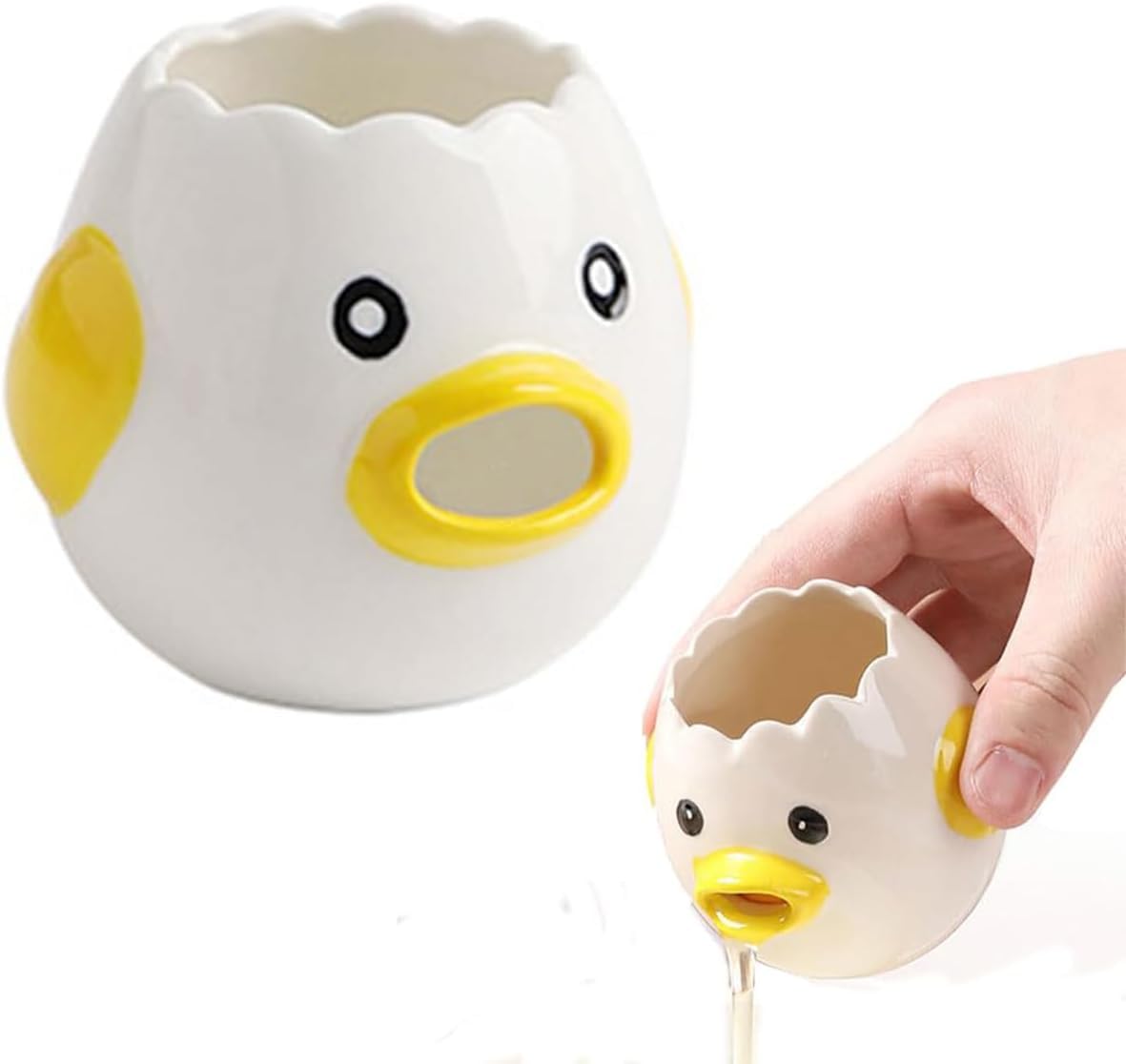 素材: セラミック;サイズ:高さ: 6.5cm 幅: 7cm セラミック製で、表面は滑らかで硬く、通常のプラスチック製セパレーターよりも清潔で健康的で安全です。 黄身と白身を簡単に分離できるかわいいひよこのエッグセパレーター。卵黄のみ使いた...