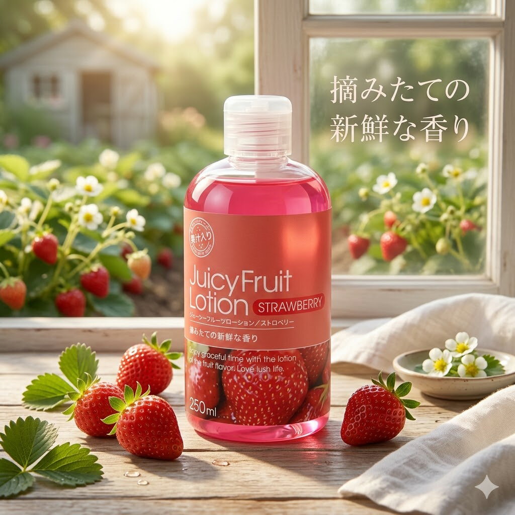 甘く弾ける、摘みたてストロベリーの幸福感。 【ジューシーフルーツローション ストロベリー】250ml 「いつものマッサージを、もっと甘くジューシーな時間に変えたい。」 そんな願いを叶える、香りにこだわったローションが登場！いつまでも輝き続け...