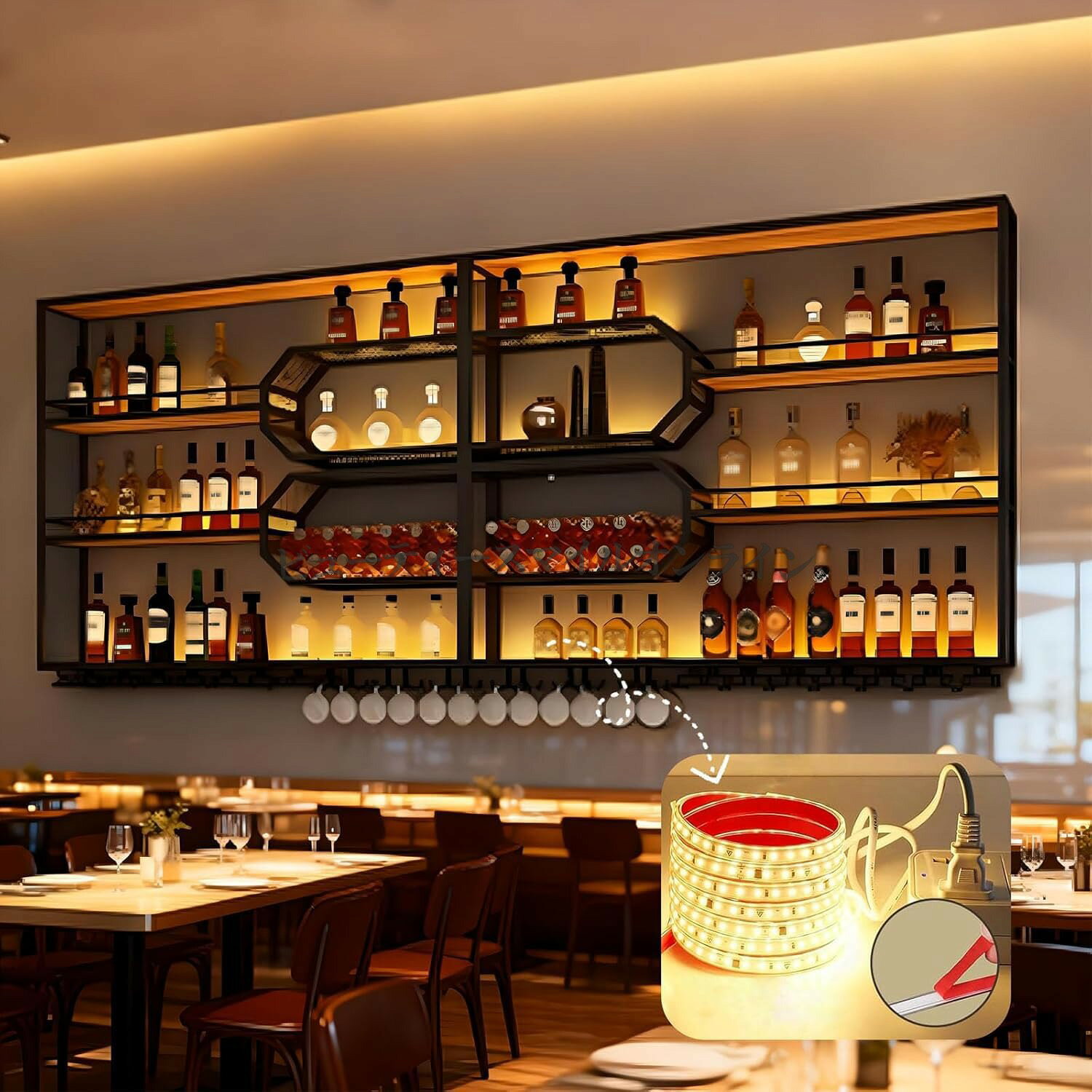 【商品名】壁掛けワインラック LEDライト内蔵 ウイスキーボトル収納スタンド 飲食店 バー 居酒屋 クラブ用 北欧風デザイン 省スペース設置可能 ワインセラー 高級感溢れるディスプレイケース キッチン収納 ボトルホルダー 自動消灯機能付き【...