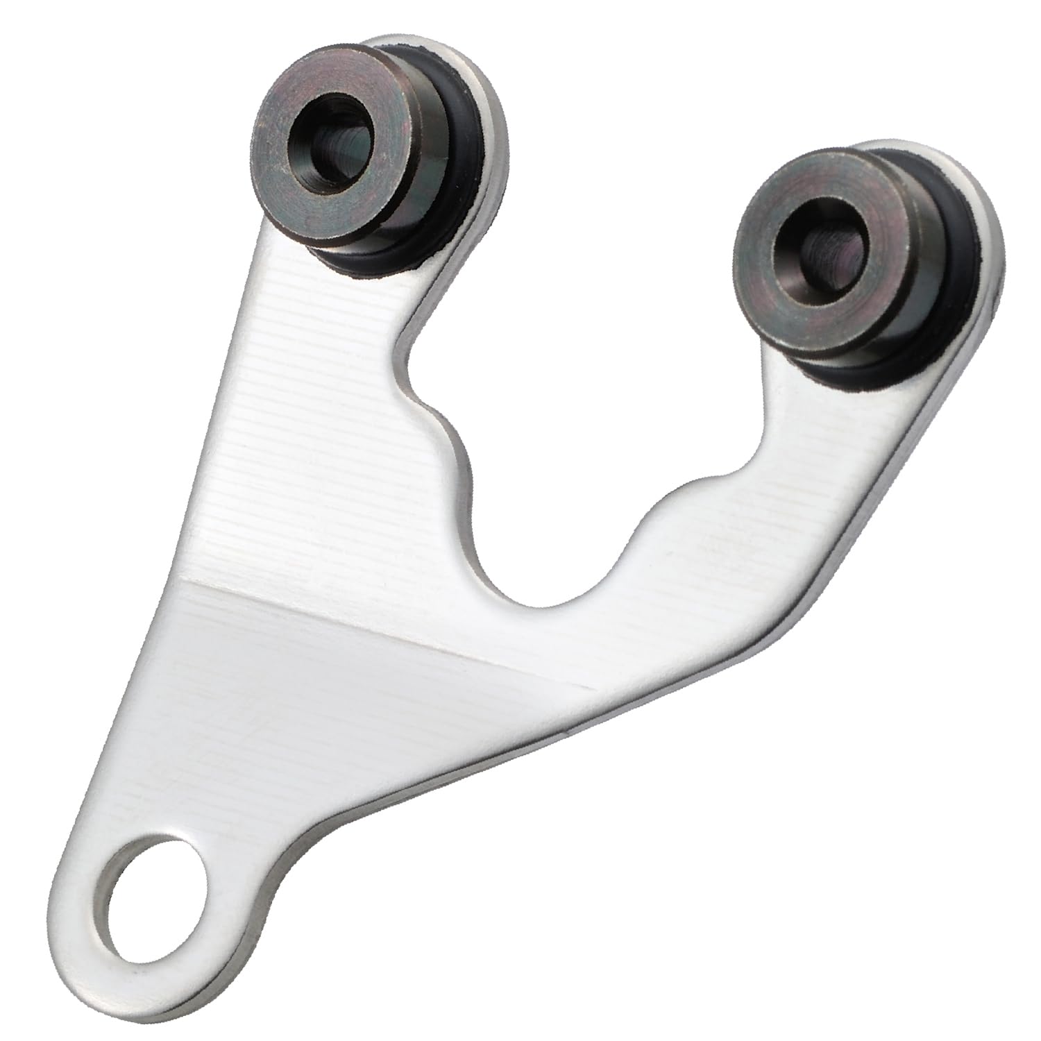 用途取付幅45mmのメーターを車体に装着する際に必要となるステー 仕様1ステーは3mm厚のステンレス磨き加工済 仕様2メーターへの振動負荷を軽減できる防振ラバー組込み済 仕様3ボルト穴:M10 仕様4右オフセット/10度曲げ