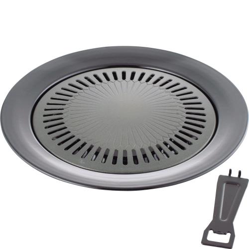 サイズ: 約33.5×33.5×4.3cm 重量: 約720g 材質: 本体/鉄・ホーロー、プレート/アルミニウム合金・フッ素樹脂加工 生産国:韓国