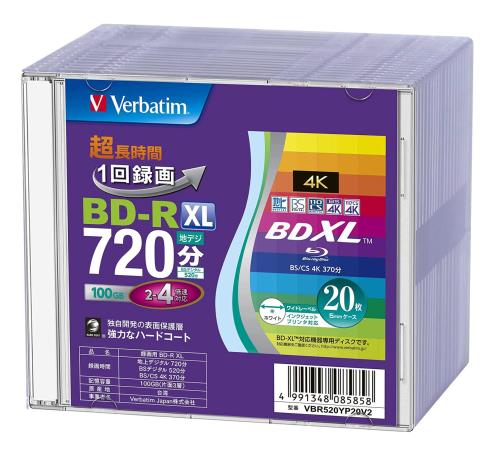 品種:録画用 BD-R XL(100GB) 1回録画用 録画時間:地デジ 720分 / BSデジタル520分 盤面印刷:○（ホワイト） / 範囲:22mm-118mm(ワイド) 倍速:2-4倍速,ケース:5mmスリムケース,入り数:20枚