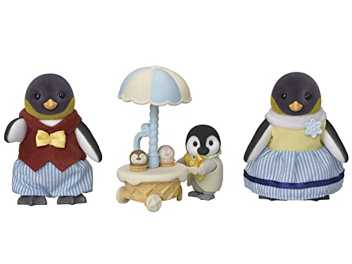 丸みのあるかわいい姿をした、ペンギンファミリーです。お父さん、お母さん、赤ちゃんとアイスクリームワゴンのセットです。 お人形の頭、手足を動かしてポーズをとらせることができます。 ペンギンアイスは赤ちゃんに、ワゴンのパラソルは大人に持たせるこ...