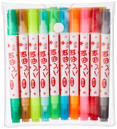 太字、細字のツインタイプの記名お絵描き布用マーカーです。 商品本体サイズ:幅約12mm×長さ約140mm 入数:10本 素材:耐水性顔料インク 生産国:日本