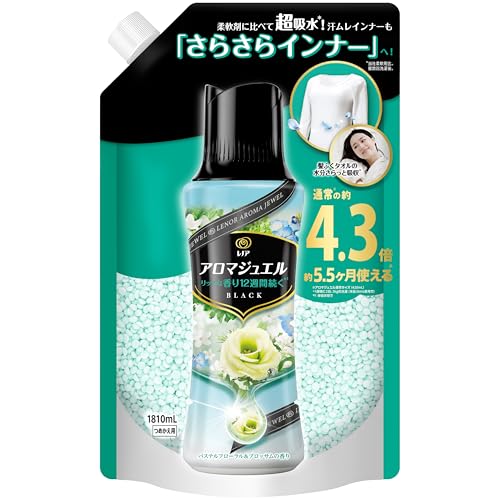アロマジュエルなら柔軟剤に比べて超吸水*。ドライヤー時間短縮！(*当社柔軟剤比。複数回洗濯後。) 香りが12週間長続き*するので、お気に入りのヘビロテ服*1の香りが6回着ても新鮮なまま*2。(*保管状態にて。*1 1回洗濯してから次の洗濯ま...