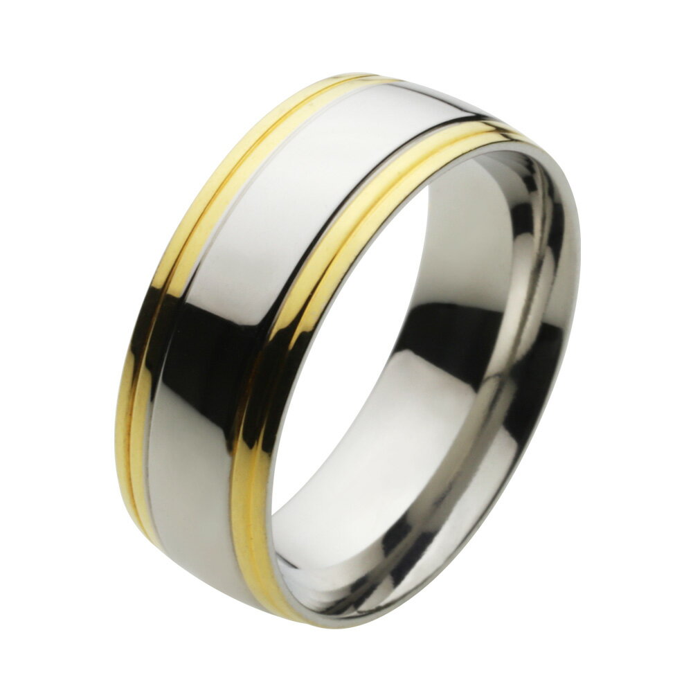 ゴールド＆シルバーカラーがエレガントな雰囲気を放つステンレスリングです。高級感漂うデザインなのでカジュアルからフォーマルなスタイルまで相性は抜群です。流行に左右されないアイテムはペアリングやプレゼントとしても人気があります。 幅:7.8mm...