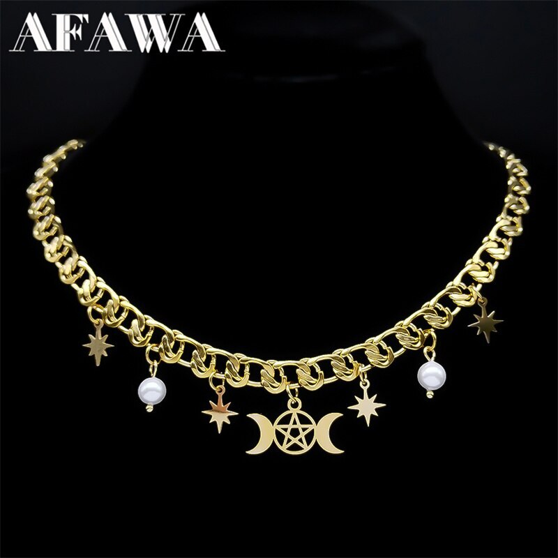 海外からの発送となりお届けに2週間程度を頂いております。予めご了承くださいませ。商品名魔女 ウィッチ トリプル 月 ムーン 五芒星 スター チョーカー ネックレス ステンレス スチール 神聖 韓国 ジュエリー 襟 パラ レディーススペックオ...