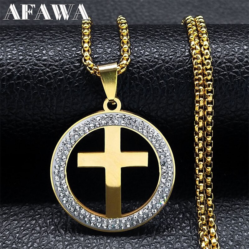 海外からの発送となりお届けに2週間程度を頂いております。予めご了承くださいませ。商品名クロス クリスタル ステンレス スチール ラウンド ペンダント ネックレス メンズ レディース ゴールド カラー キリスト チェーン ジュエリー モダスペ...