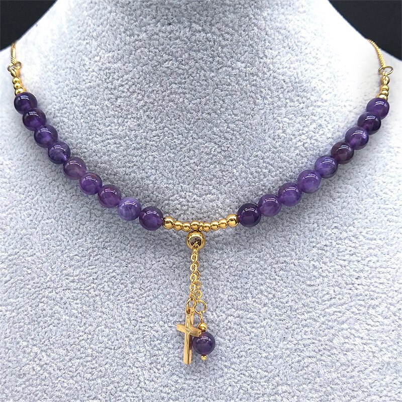 海外からの発送となりお届けに2週間程度を頂いております。予めご了承くださいませ。商品名ファッション クロス 紫 パープル クリスタル チョーカー ネックレス ステンレス スチール タッセル ジュエリー 襟 レディース スペックオケージョン-...