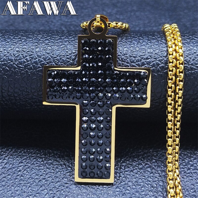 海外からの発送となりお届けに2週間程度を頂いております。予めご了承くださいませ。商品名黒 ブラック クリスタル ステンレス スチール イエス クロス ペンダント ネックレス メンズ レディース ゴールド カラー チェーン ジュエリー 炭鉱 ...