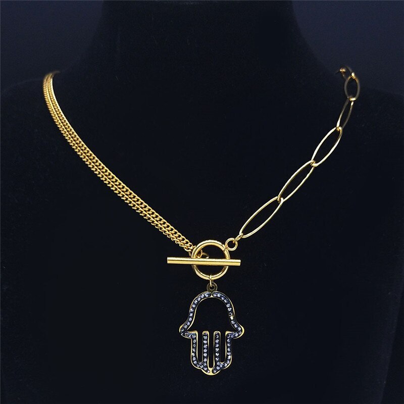 海外からの発送となりお届けに2週間程度を頂いております。予めご了承くださいませ。商品名イスラム ハムサ ハンド クリスタル ネックレス ステンレス スチール ゴールド カラー チョーカー レディース ジュエリー スペックオケージョン-パーテ...