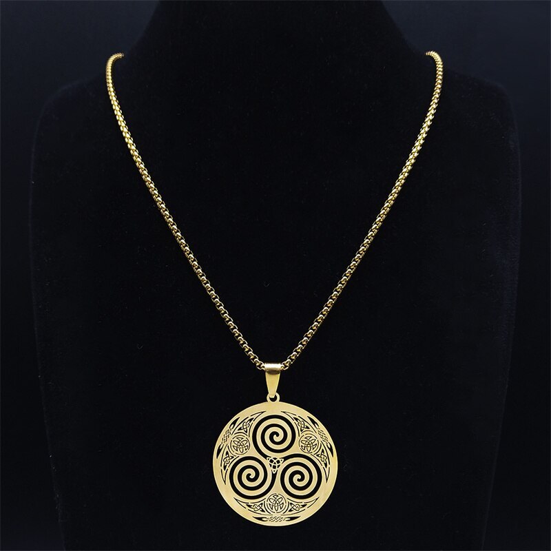 海外からの発送となりお届けに2週間程度を頂いております。予めご了承くださいませ。商品名魔術 ウィッチクラフト アイルランド 結び目 リボン ステンレス スチール ワールプール ネックレス チェーン メンズ ゴールド カラー ラウンド ジュエ...