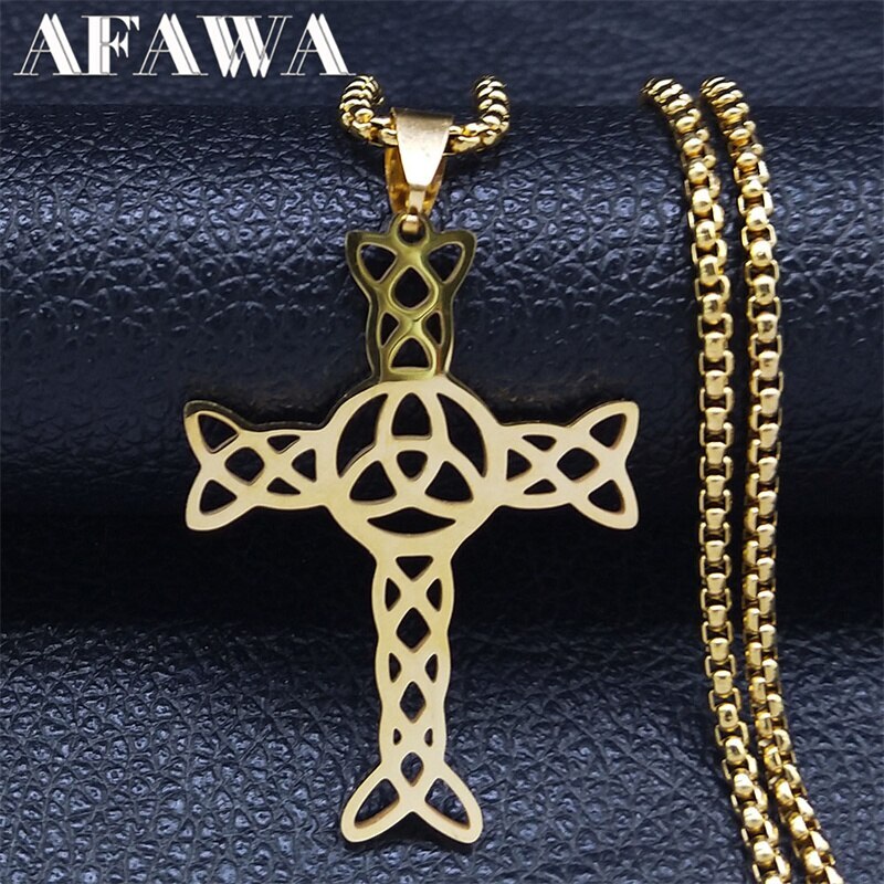 海外からの発送となりお届けに2週間程度を頂いております。予めご了承くださいませ。商品名魔女 ウィッチ トリケトラ ケルト 結び目 リボン クロス ネックレス メンズ レディース ゴールド カラー ステンレス スチール 異教 ウィッカ ジュエ...