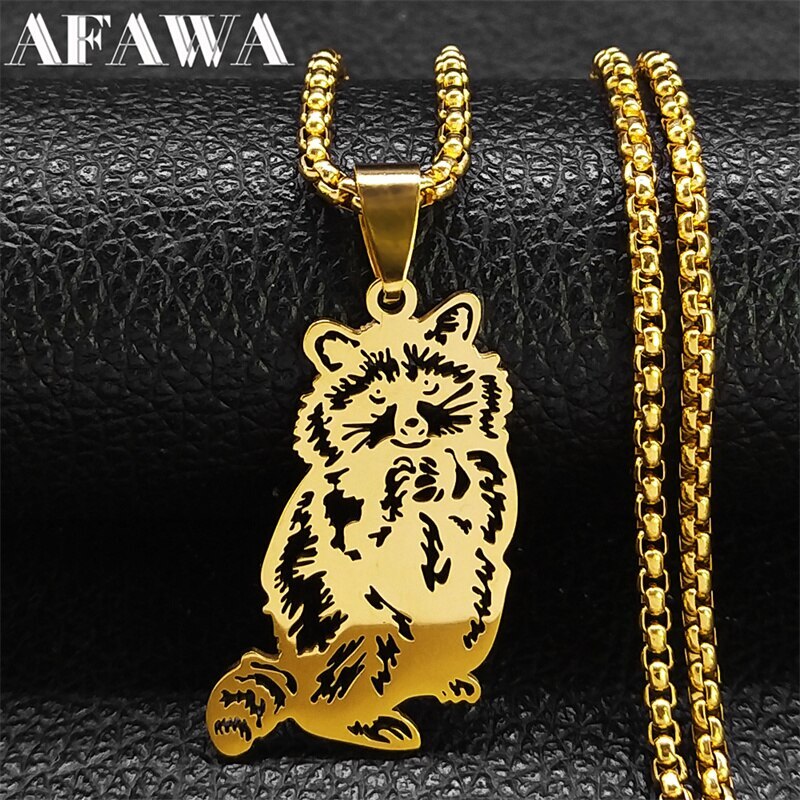 海外からの発送となりお届けに2週間程度を頂いております。予めご了承くださいませ。商品名ファッション ラクーン ペンダント ネックレス メンズ レディース ゴールド カラー ステンレス スチール 動物 アニマル チェーン ジュエリー 襟 スペ...