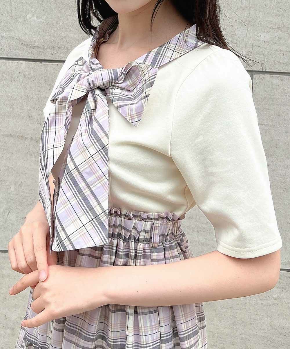 ■デザインポイント フロントのビッグリボンが目を惹くカットトップス。 淡いカラーの爽やかなチェック柄がフェミニンで大人っぽい印象を漂わせてくれます。 襟ぐりの開きが顔回りと首元をすっきりと見せてくれて、涼しげなのも嬉しいポイントです。 ■オ...