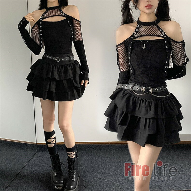 商品情報素材/材質ポリエステル注意モニター発色の具合により色合いが異なる場合がございます。大人ダンス衣装 レディース フィッシュネットトップス 肩出し 網 メッシュ スカート ブラック 原宿風 ヒップホップ hiphop ジャズ ダンス k...