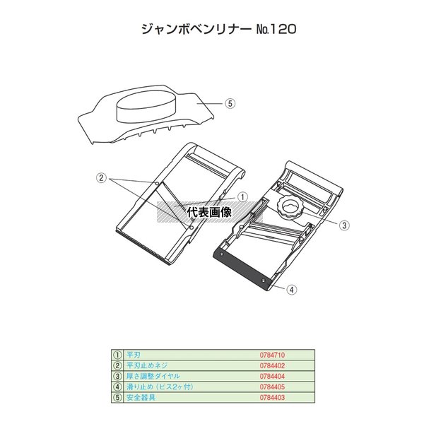 商品の特徴 スライス専用ジャンボベンリナー No.120用部品 安全器 製品仕様 外寸1:90×165H33mm 重量:36g 材質:PP樹脂 JANコード：4976654120554