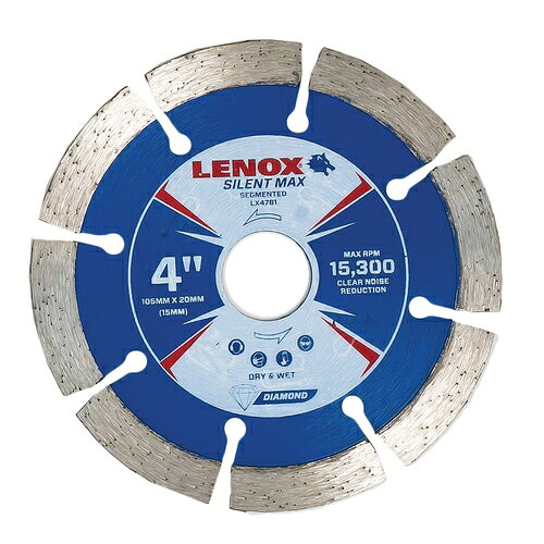 商品の特徴 LENOX(レノックス) LX4781 静音ダイヤモンドホイール サイレントマックス セグメント105 ●高品質な基板を採用。熱による歪みや振動を抑え、業界トップクラスの耐摩耗性＆切断スピードを実現 ●基板部分に新開発特殊形状の...