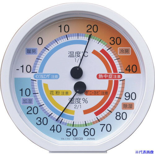 オレンジブック トラスコ中山　TRUSCOCRECER 温湿度計 〔品番:TR170W〕[ 注番:3863978]特長●花粉・ダニ／カビ・熱中症・インフルエンザの注意範囲目安を色帯で表示します。用途●季節に合わせた温度・湿度管理に。仕様●測...