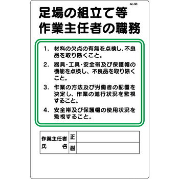 商品の特徴 安全指導・資格 作業主任者の職務 製品仕様 ●材質：SCボード ●厚さ(mm)：1 ●サイズ(mm)：450×300 ●穴数：4 ●表示内容：足場の組立て等/作業主任者の職務