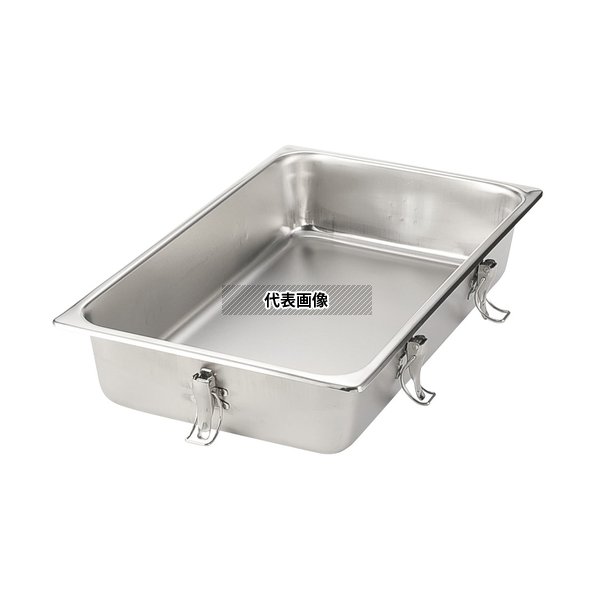 商品の特徴 18-8 シリコンパッキン付蓋用 テーブルパン本体 2/3 100mm 製品仕様 外寸1:377×354mm 内寸1:深さ:100mm 重量:1200g 厚み:0.7mm 材質:18-8ステンレス JANコード：49540579...
