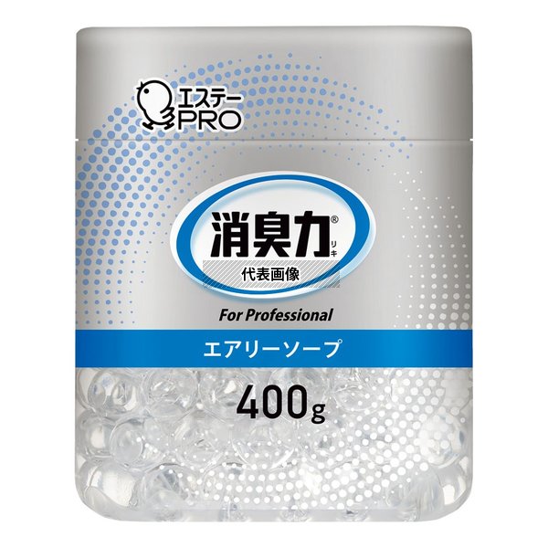 商品の特徴 消臭力業務用ビーズタイプ 本体 400g エアリーソープ ●消臭効果2ヶ月~3ヶ月 製品仕様 外寸1:93×93×H113mm 重量:470g 材質:プラスチック 製造生産国:日本 JANコード：4901070130252
