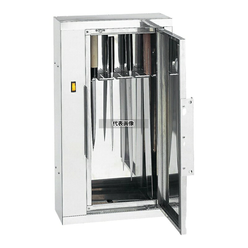 商品の特徴 庖丁消毒器 キンキラー 壁掛式 K-104 ●刃渡36cmまでの庖丁が4本とその間に小ナイフが3本収納できます。 ●抗菌ランプ：GL-10 ●コードの長さ：1.8m ●壁面取付金具付 製品仕様 ●型番:K-104 ●英語商品名:...