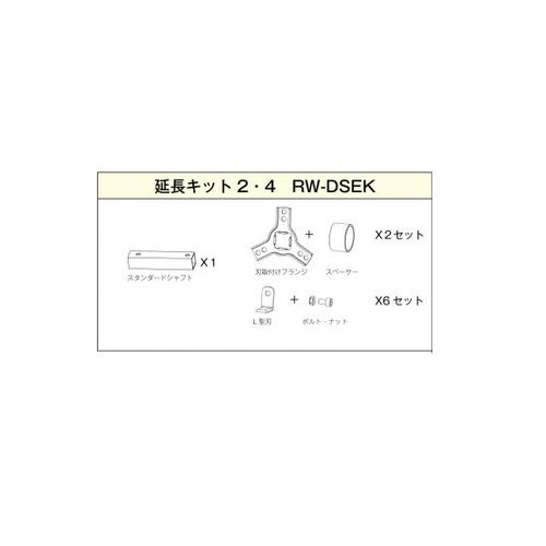 ■特長 ●ロータリーウィーダー用　オプション ■製品仕様 ●型式：RW-DSEK ●内容セット： ●L型刃：6枚 ●刃取付ボルト：6個 ●緩み防止ナット：6個 ●スタンダードシャフト：1個 ●刃取付フランジ：2個 ●スペーサーパイプ：2個 ...